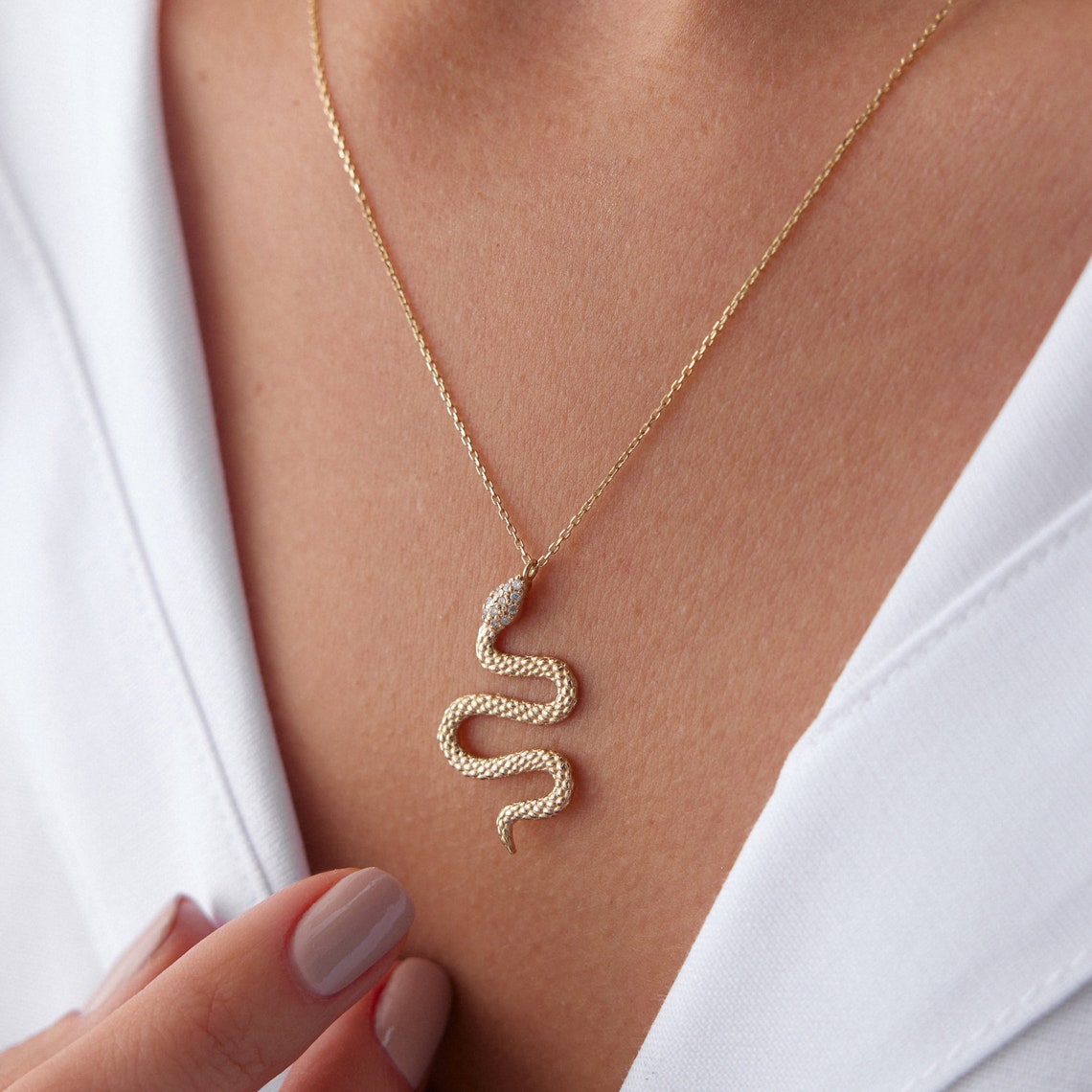 14K Real Solid Gold Snake Necklace, Diamond Gemstone Snake Necklace ...
