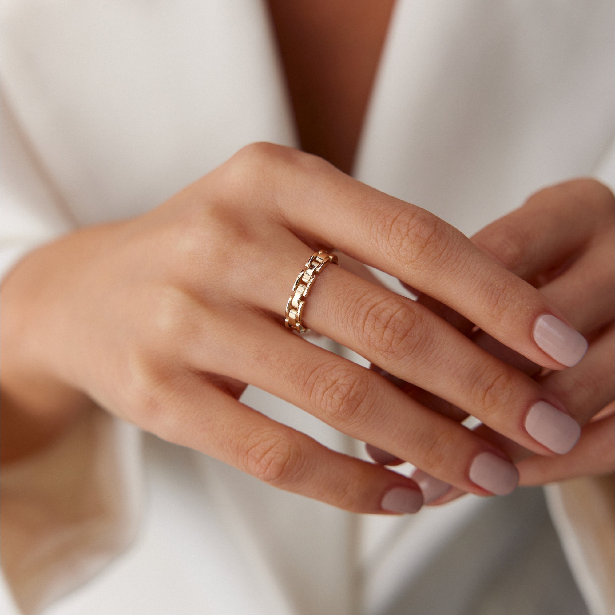 14K Real Solid Gold Mini Cord Ring, Gold Stacking Ring, Gold Chain Ring ...