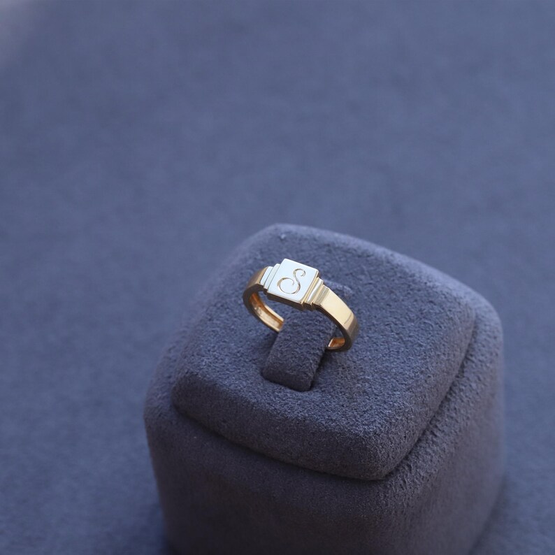 14K Real Solid Gold Square Signet Ring, Gold Square Ring, Gold Personalized Ring, Engraved Pinky ...