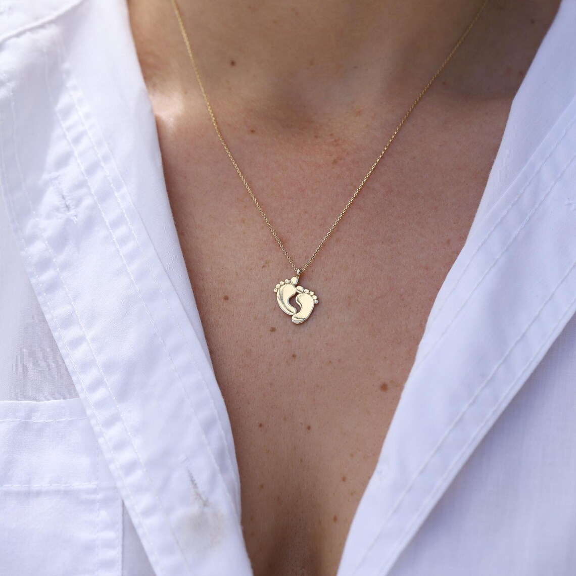14K Real Solid Gold Baby Feet Necklace, Double Feet Baby Necklace, Gold ...