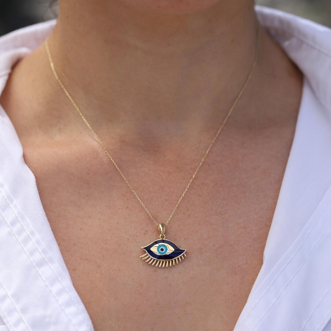 14K Real Solid Gold Eye Necklace, Gold Enamel Eye Necklace, Enameled ...
