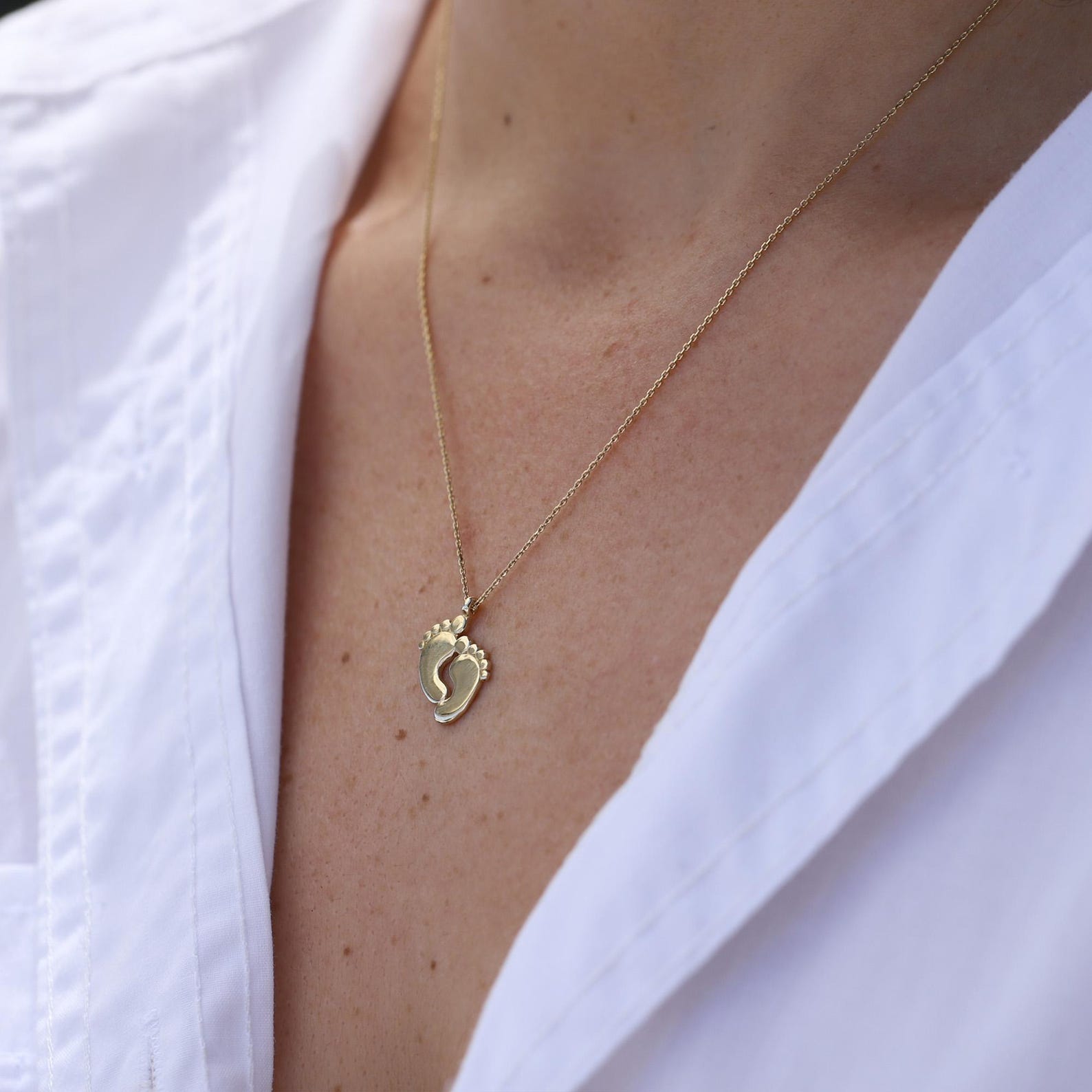 14K Real Solid Gold Baby Feet Necklace, Double Feet Baby Necklace, Gold ...