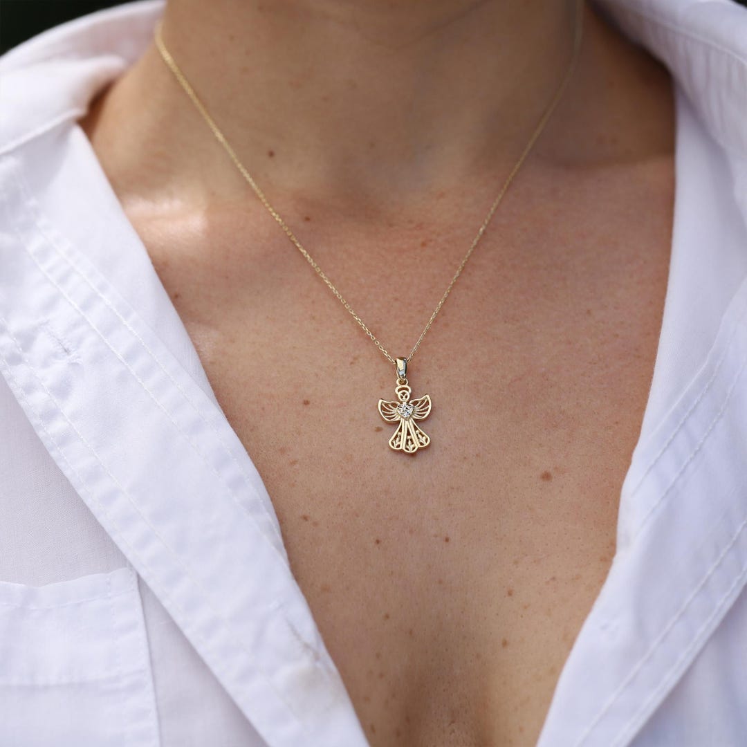 14K Real Solid Gold Angel Necklace, Gold Guardian Angel, Good Luck ...