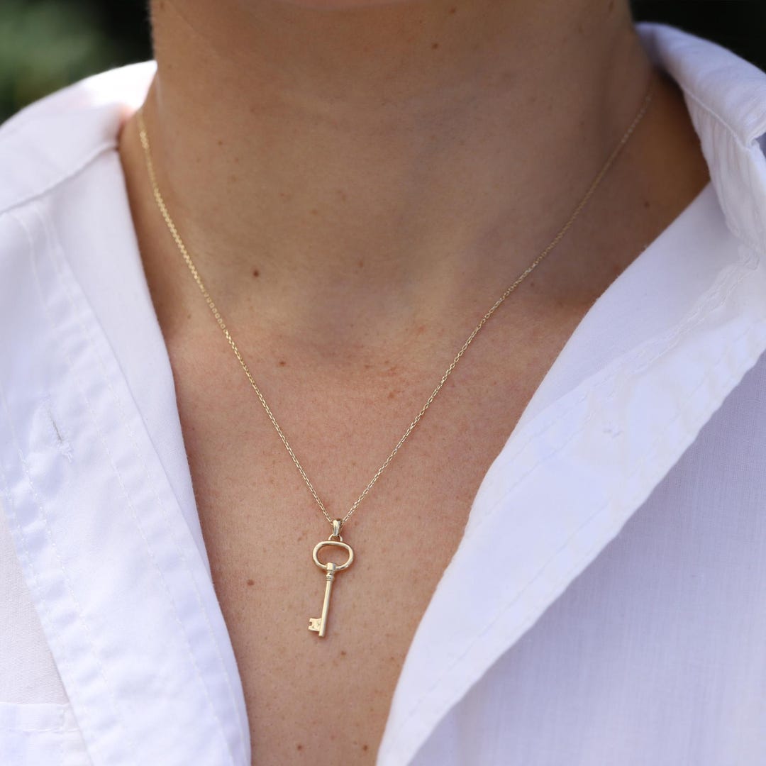 14K Real Solid Gold Key Necklace, Gold Key Charm, Simple Key Pendant ...