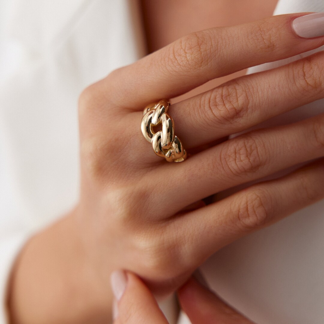 14K Real Solid Gold Chain Ring, Big Chain Ring, Big Cuban Link Chain ...