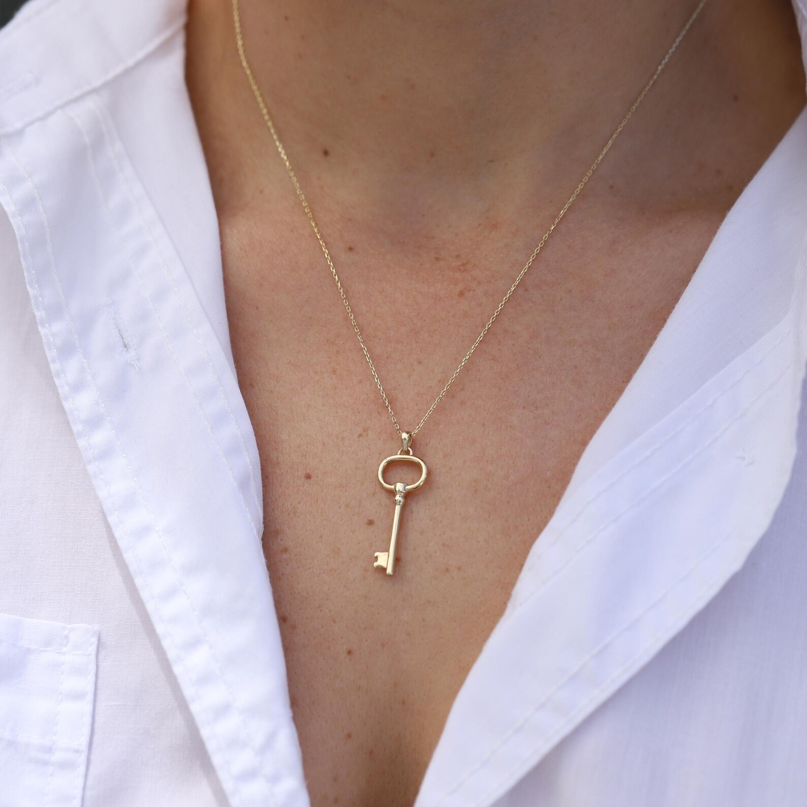 14K Real Solid Gold Key Necklace, Gold Big Key Charm, Simple Key ...