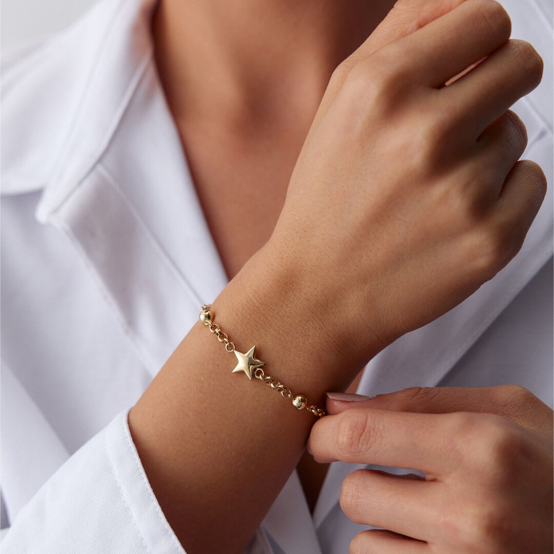 14K Real Gold Star Bracelet, Gold Star Chain Bracelet, Gold Ball ...