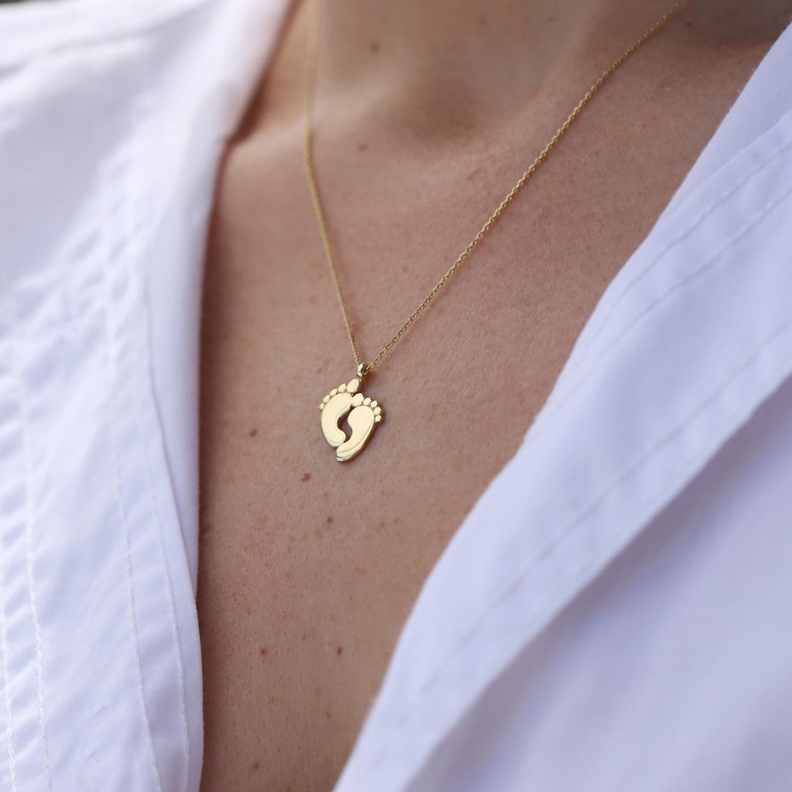 14K Real Solid Gold Baby Feet Necklace, Double Feet Baby Necklace, Gold ...