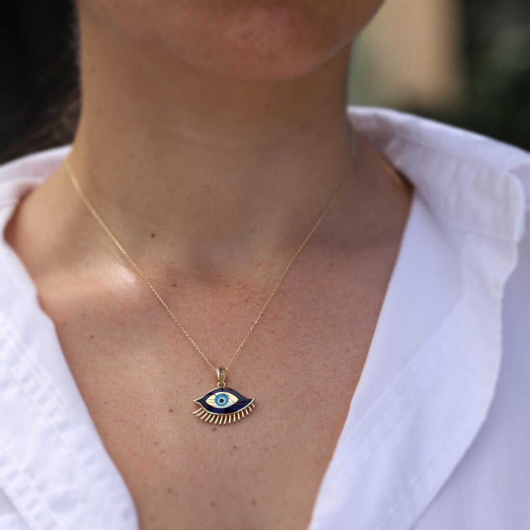 14K Real Solid Gold Eye Necklace, Gold Enamel Eye Necklace, Enameled ...