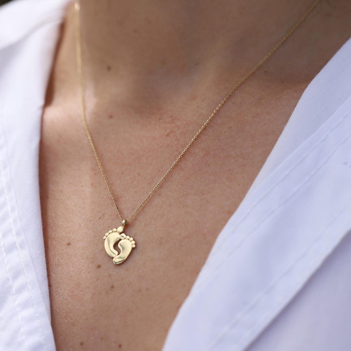 14K Real Solid Gold Baby Feet Necklace, Double Feet Baby Necklace, Gold ...