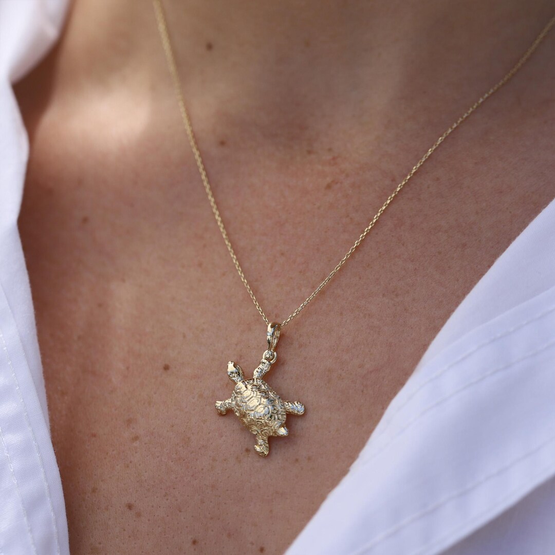 14K Real Solid Gold Turtle Necklace, Gold Big Animal Necklace, Gold ...