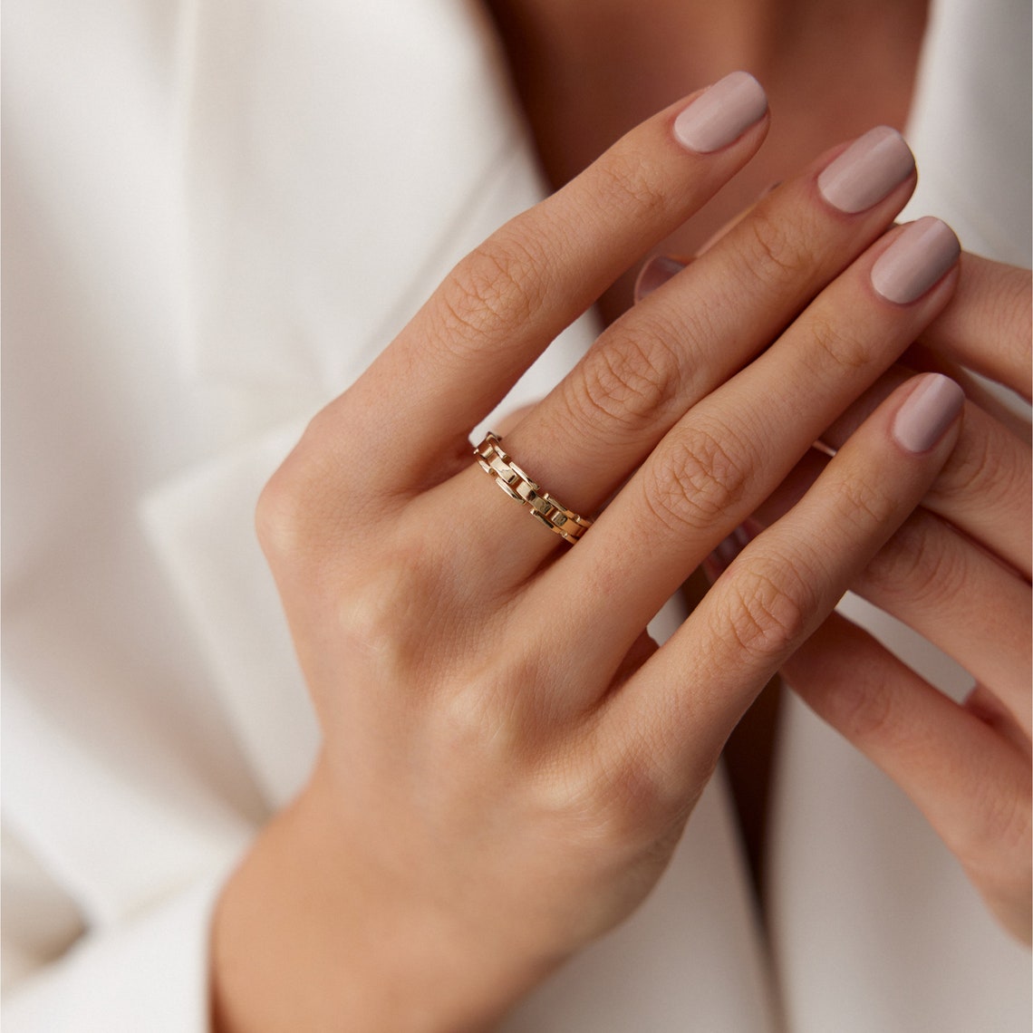 14K Real Solid Gold Mini Cord Ring, Gold Stacking Ring, Gold Chain Ring ...