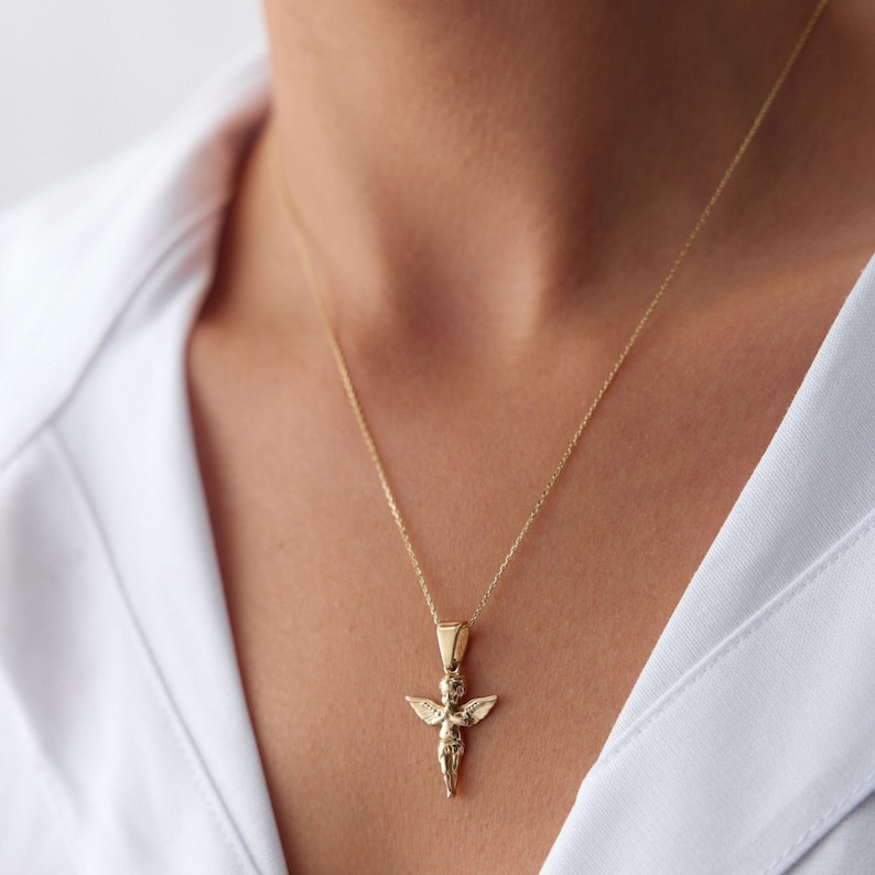 14K Real Solid Gold Angel Necklace, Gold Praying Angel Necklace, Angel ...