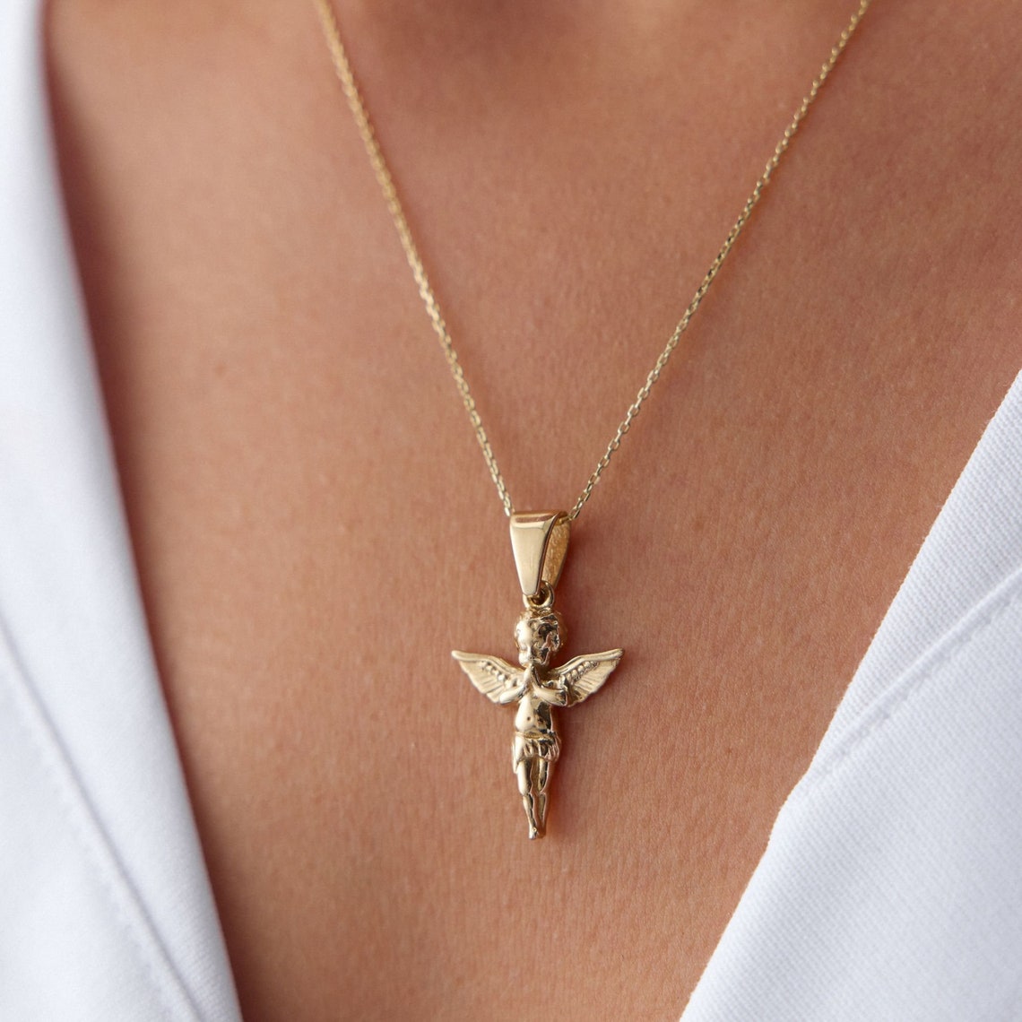 14K Real Solid Gold Angel Necklace, Gold Praying Angel Necklace, Angel ...