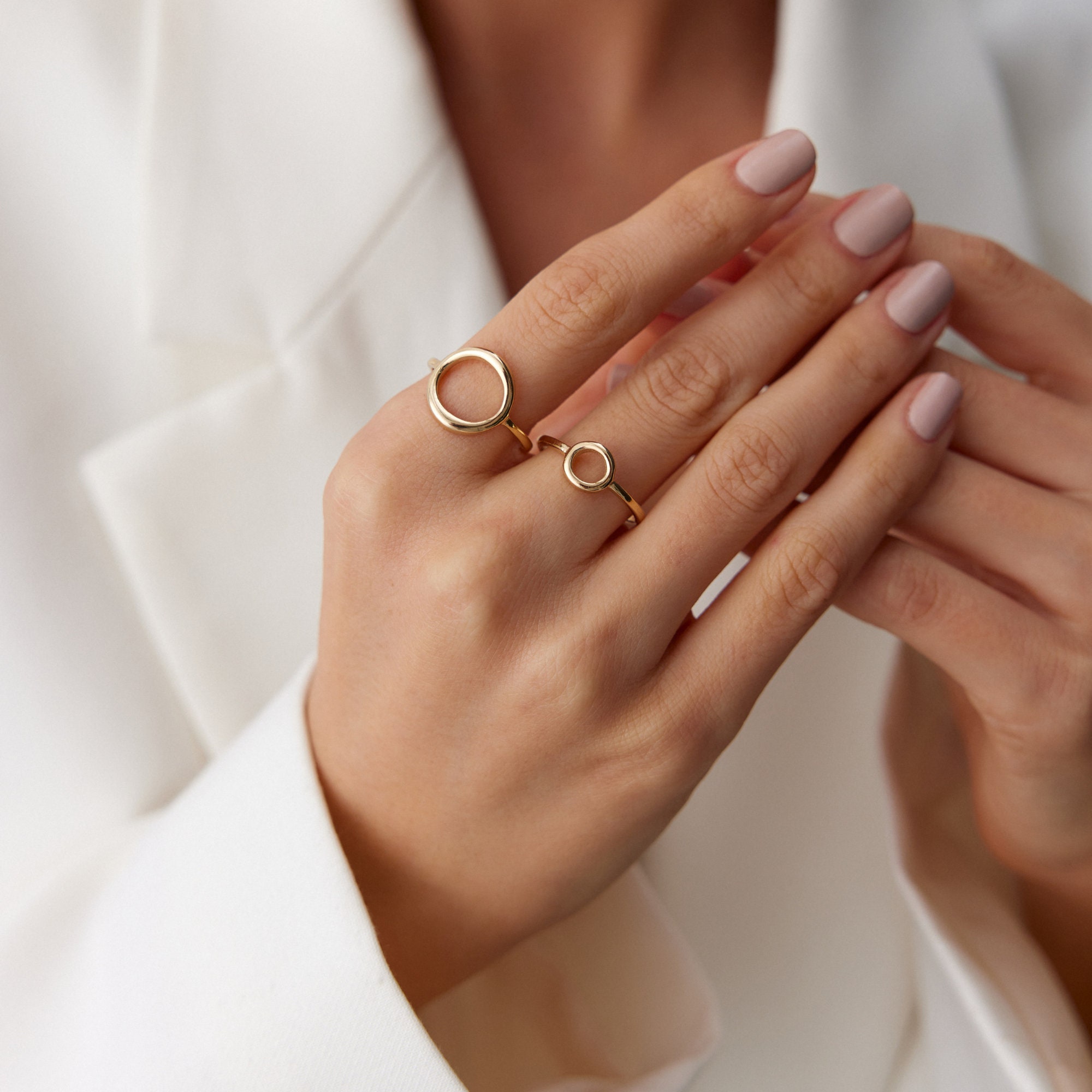 14k Real Solid Gold Open Circle Ring, Simple Round Rings, Gold Mini ...