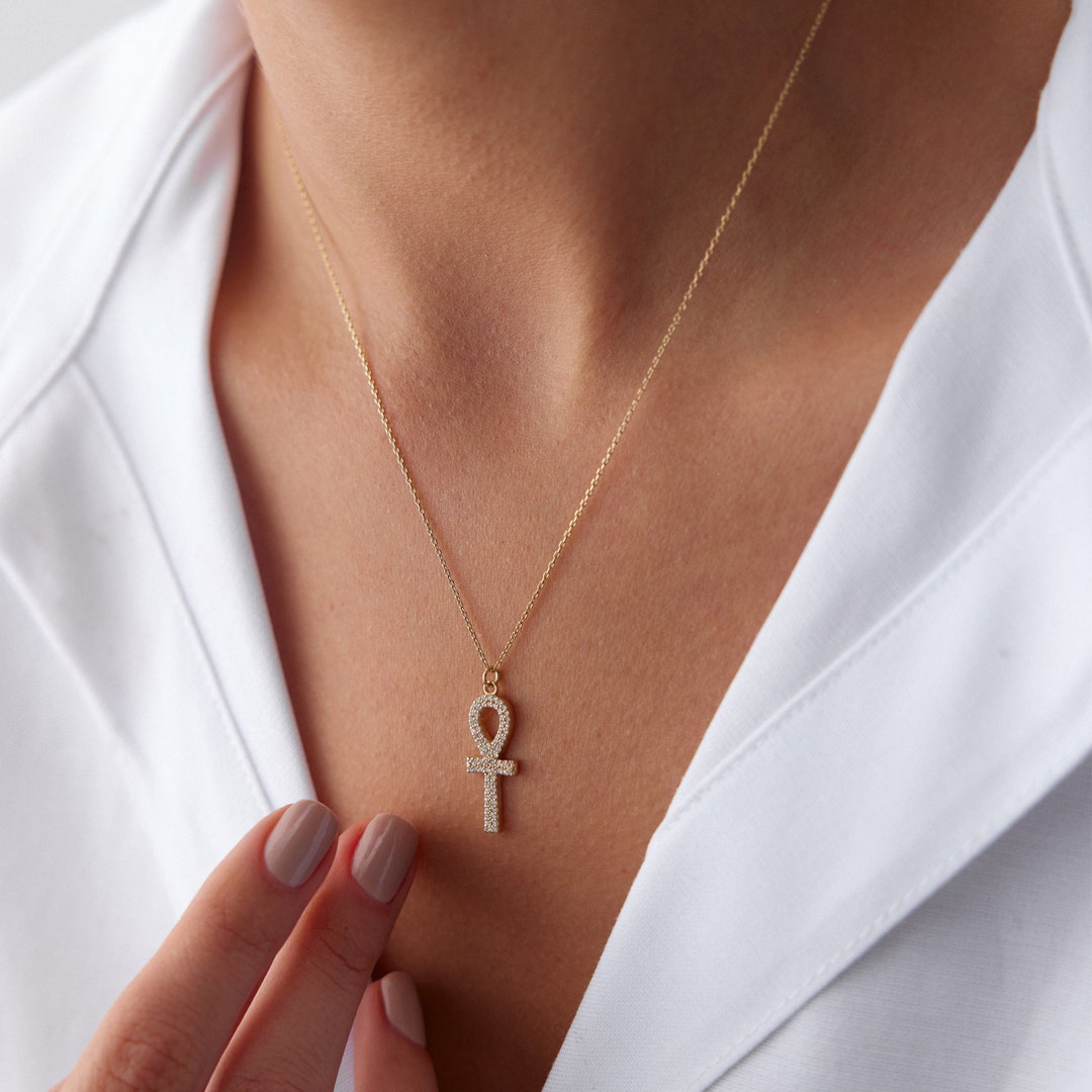 14K Real Solid Gold Ankh Necklace, Gold Diamond Gemstone Ankh Necklace ...