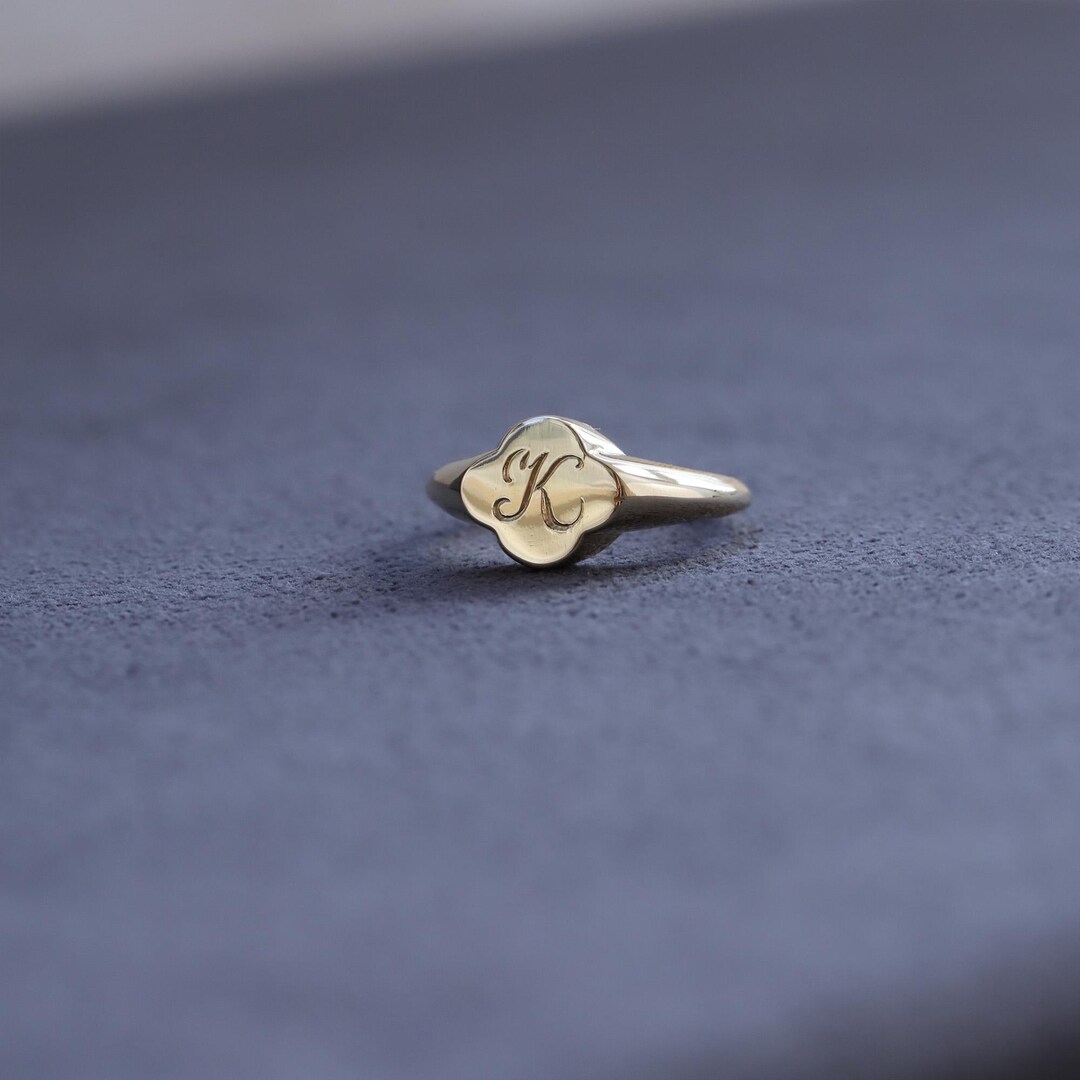 14K Real Solid Gold Signet Ring, Gold Engraved Pinky Ring, Gold Personalized Ring, Engraved ...