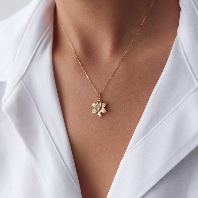 14K Real Solid Gold Diamond Flower Necklace, Gold Floral Necklace, Gold ...