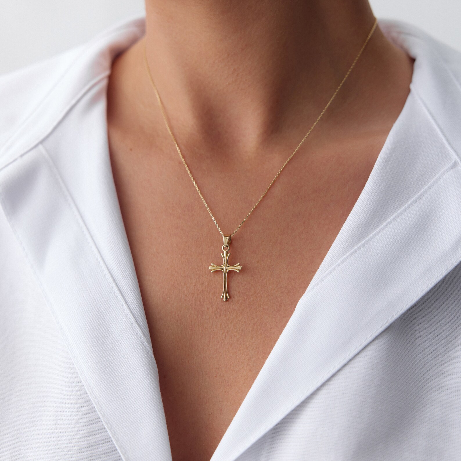 14K Real Solid Gold Gothic Cross Necklace, Gold Layering Cross Necklace ...