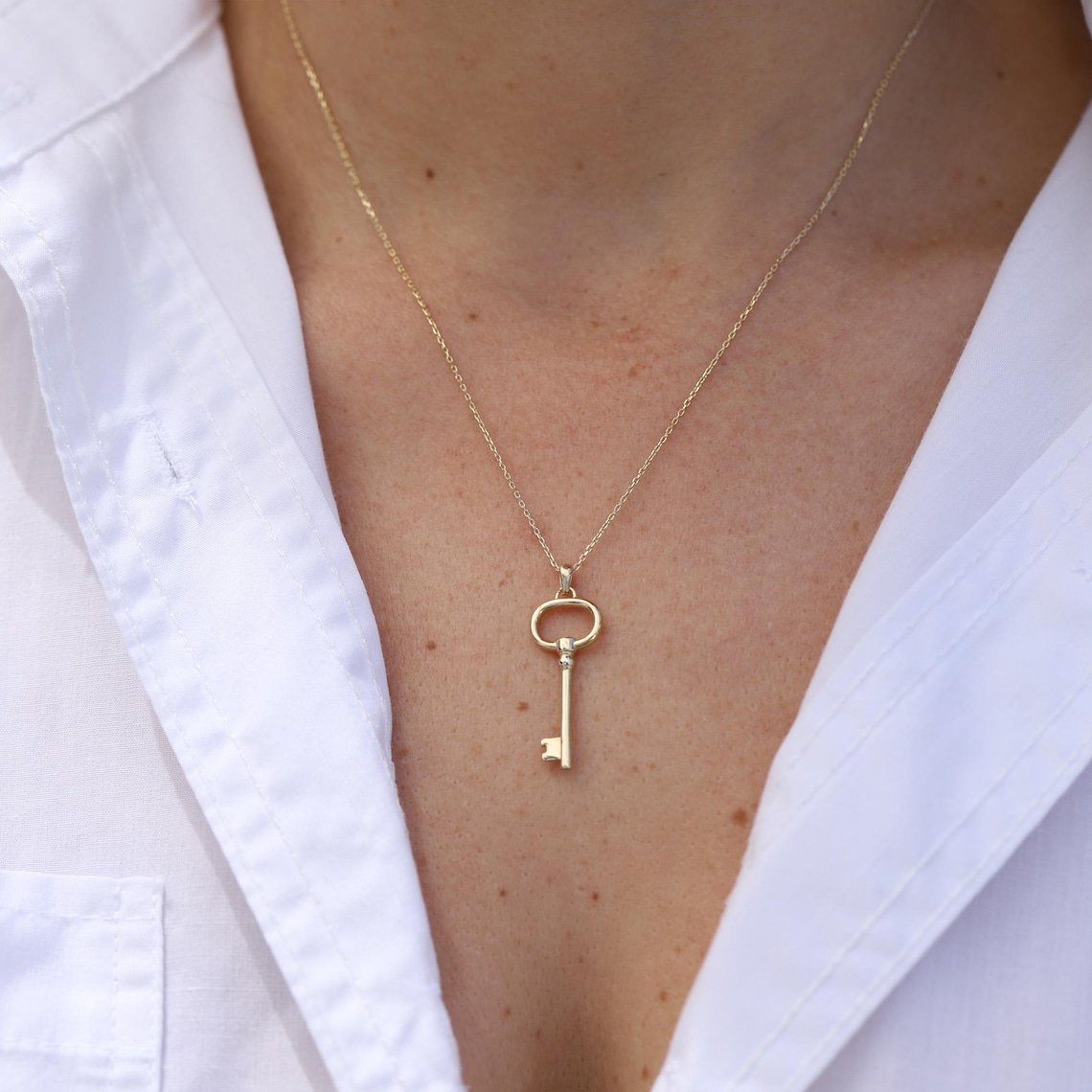 14K Real Solid Gold Key Necklace, Gold Big Key Charm, Simple Key ...