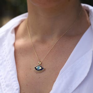 14K Real Solid Gold Eye Necklace, Gold Enamel Eye Necklace, Enameled ...