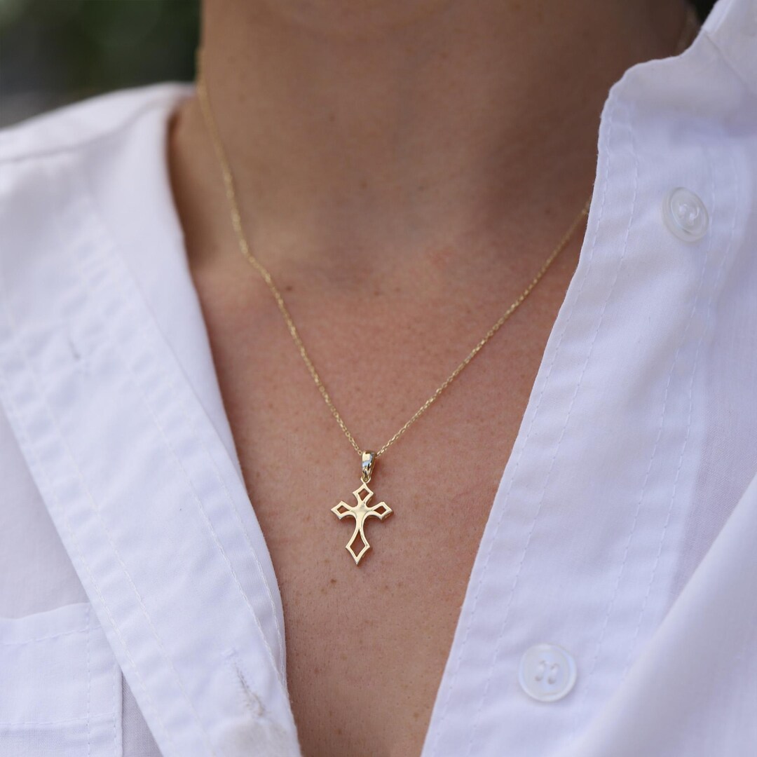 14K Real Solid Gold Open Cross Necklace, Gold Religious Necklace, Solid ...