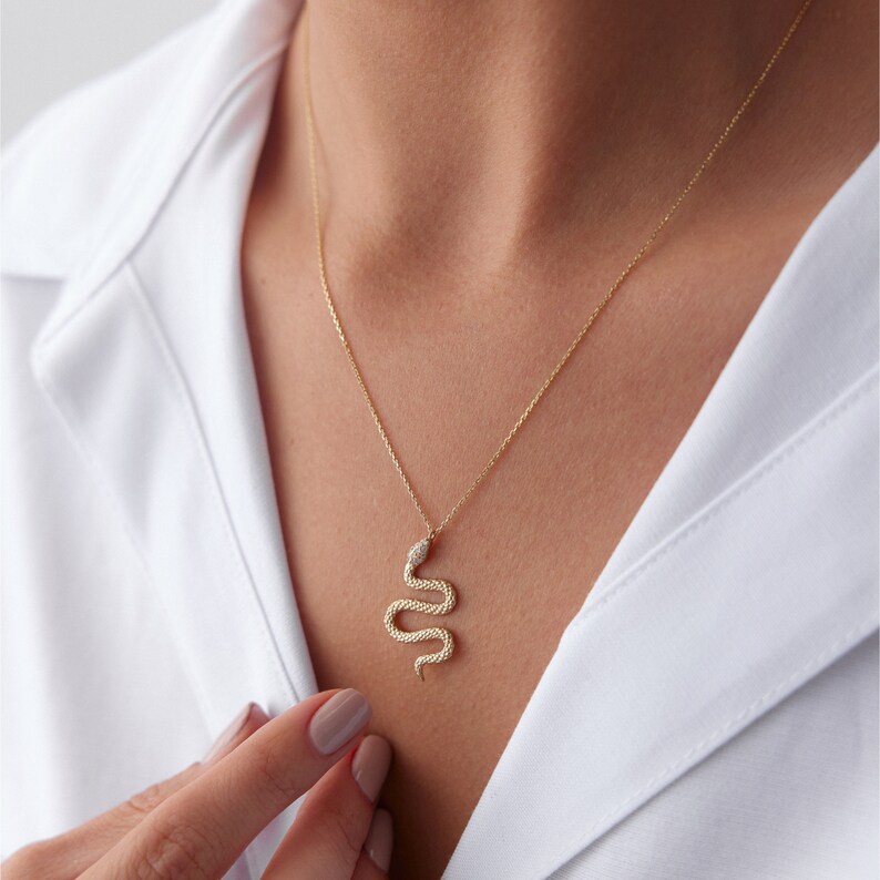 14K Real Solid Gold Snake Necklace, Diamond Gemstone Snake Necklace ...