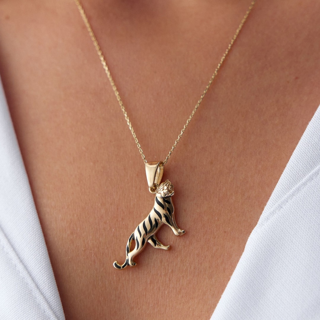 14K Real Solid Gold Tiger Necklace, Gold Enamel Tiger Necklace, Gold ...