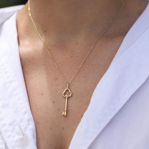 14K Real Solid Gold Key Necklace, Gold Key Charm, Solid Gold Key, 14k ...