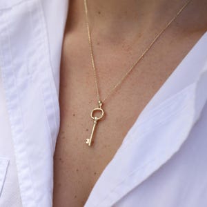 14K Real Solid Gold Key Necklace, Gold Big Key Charm, Simple Key ...