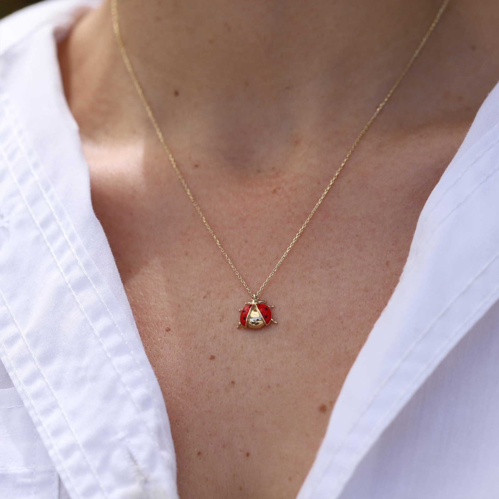 14K Real Solid Gold Ladybug Necklace, Mini Ladybug Necklace, Red Enamel ...