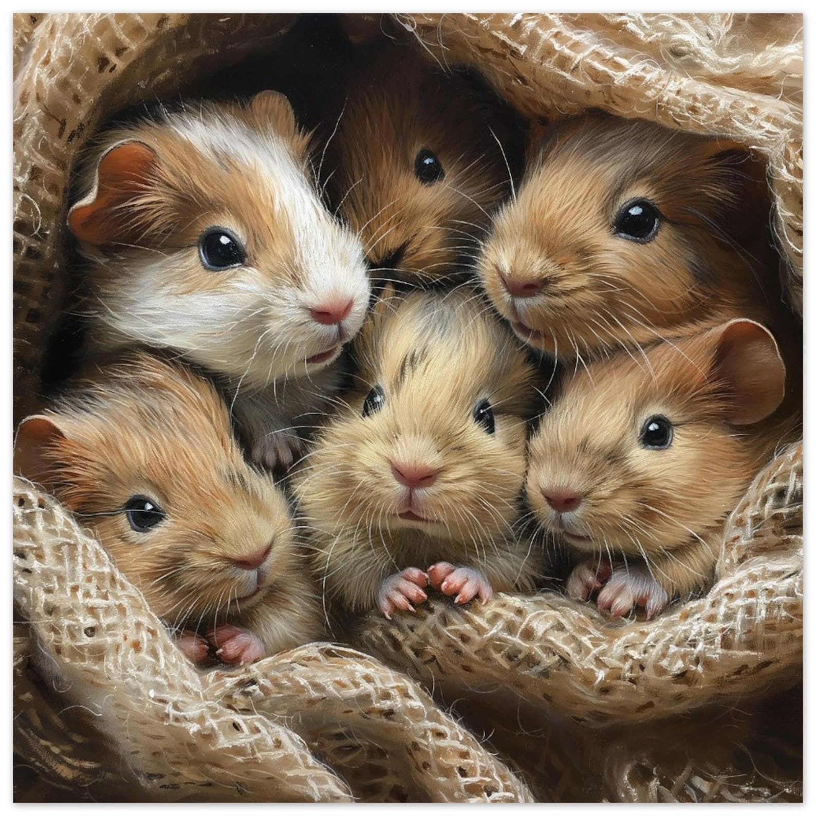 Adorable Baby Guinea Pigs Peek From Bag Art, Sweet Brown and White ...