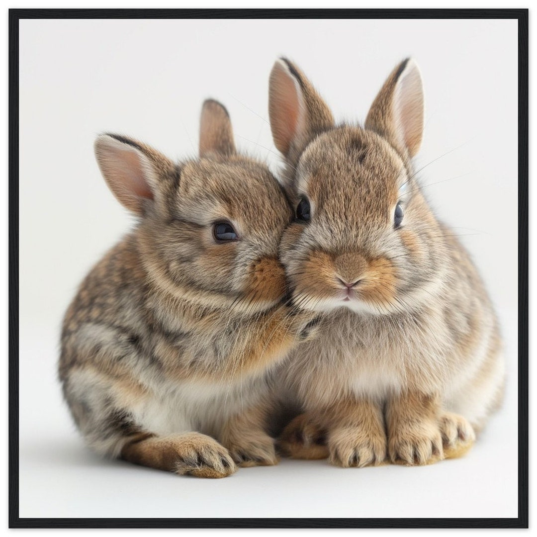 Cuddling Rabbits Art Print, Sweet Brown Bunnies Embrace Poster, Framed ...