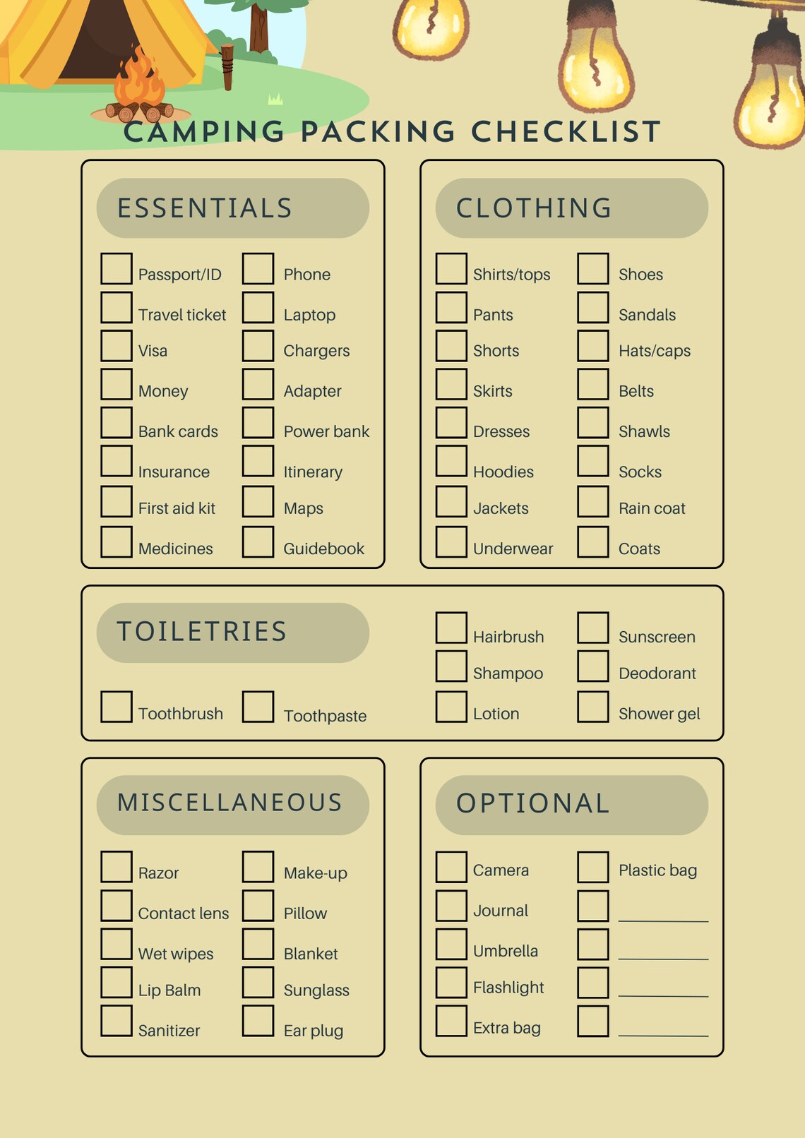 CAMP Packing List Template 1 - Etsy