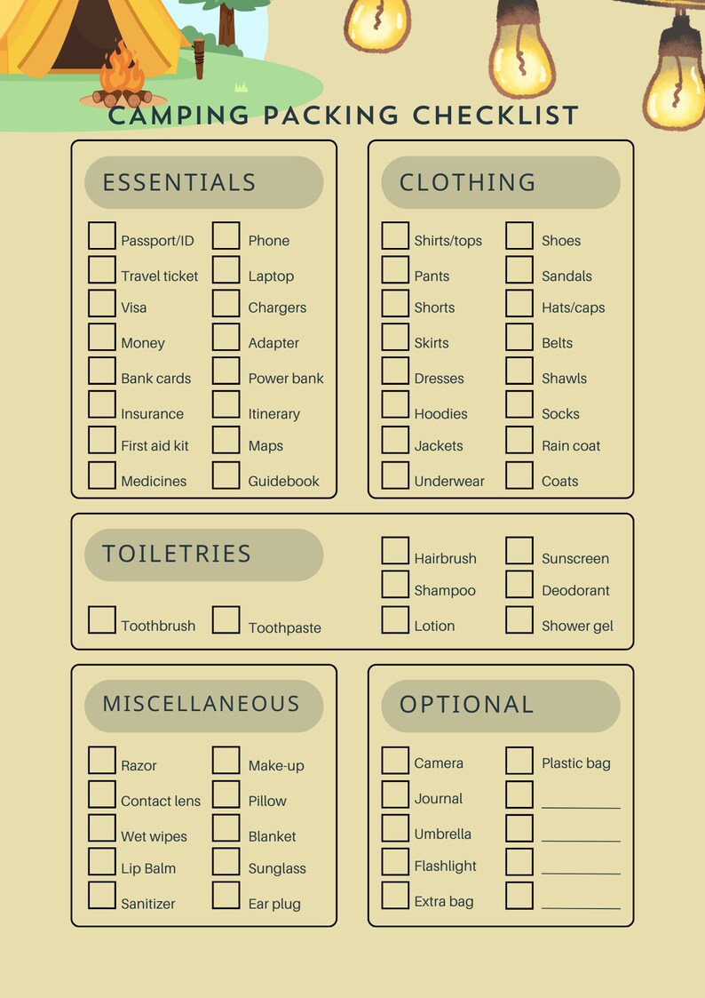 CAMP Packing List Template 1 - Etsy