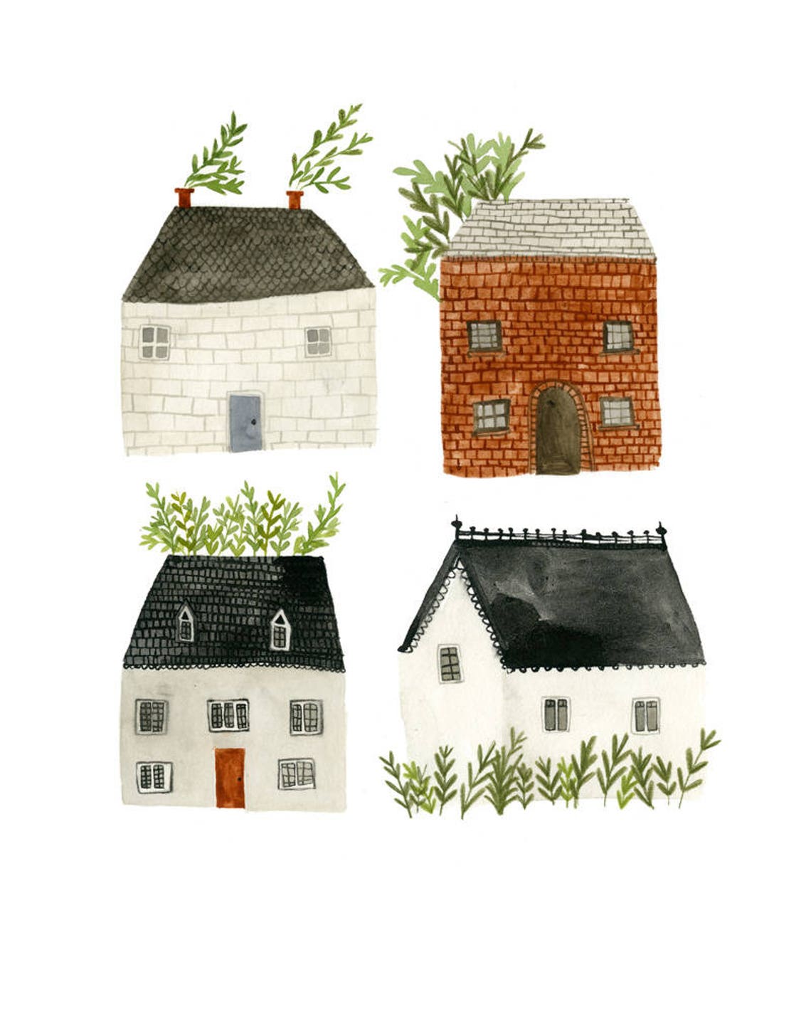Four Houses Art Print Sweet Cottage Painting - Etsy