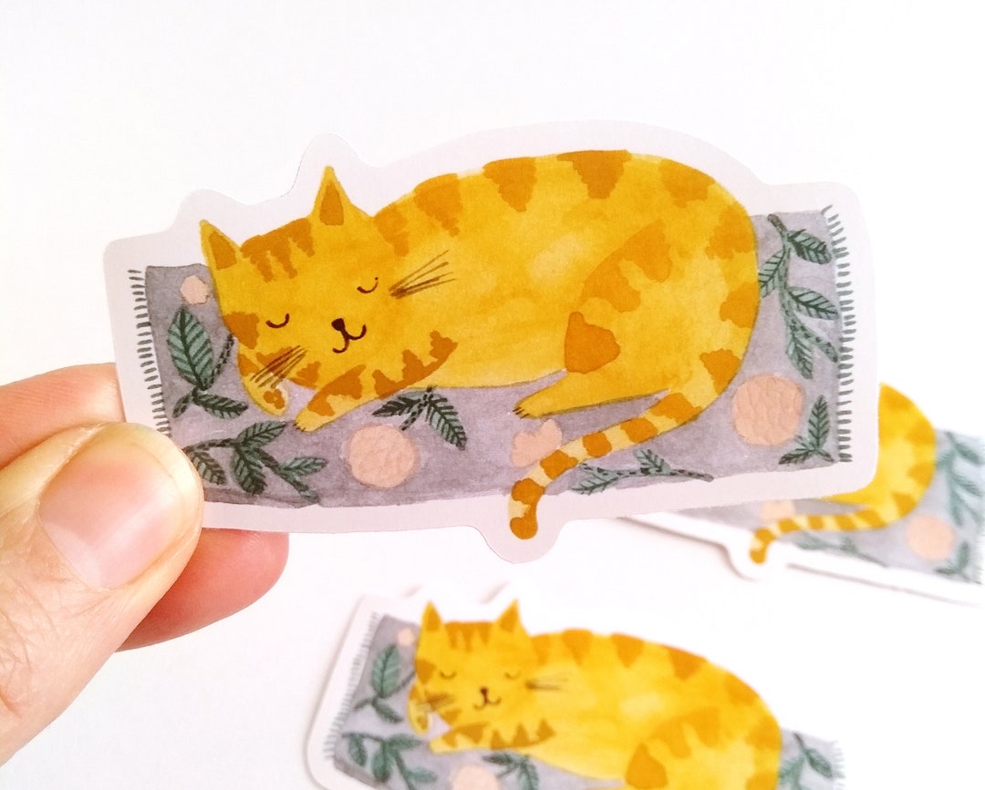Sweet Sleepy Cat Sticker, Eco-friendly Paper Sticker, Illustrated ...