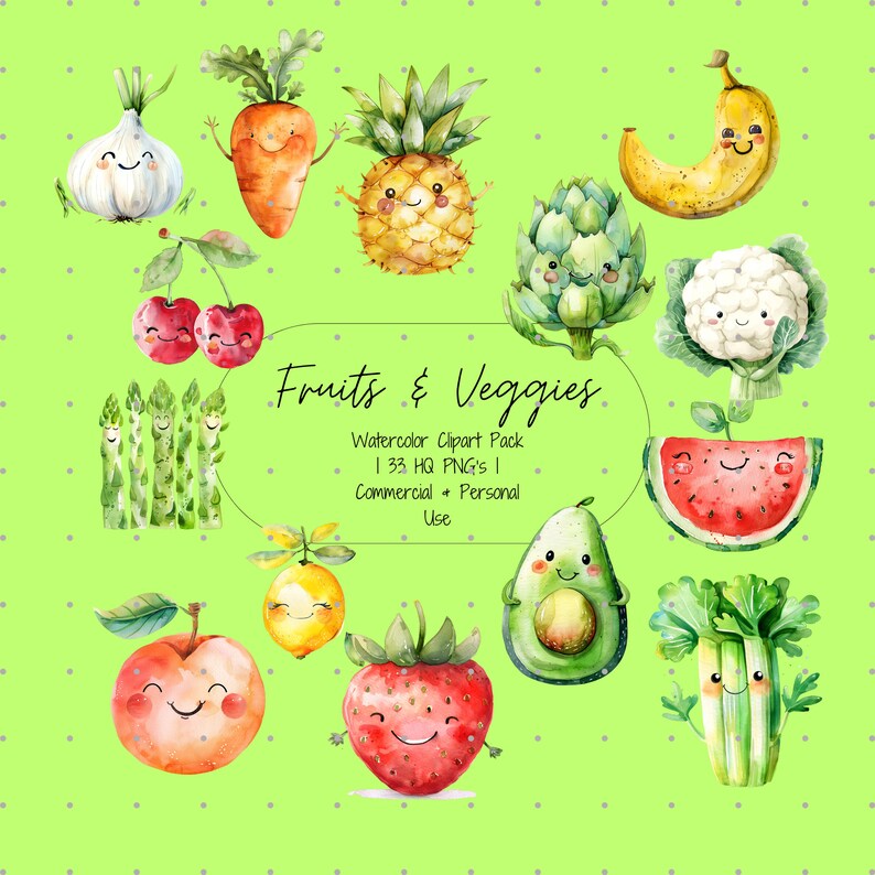 Watercolor Fruits & Veggies Clipart | Corn, Apple, Pineapple, Banana ...