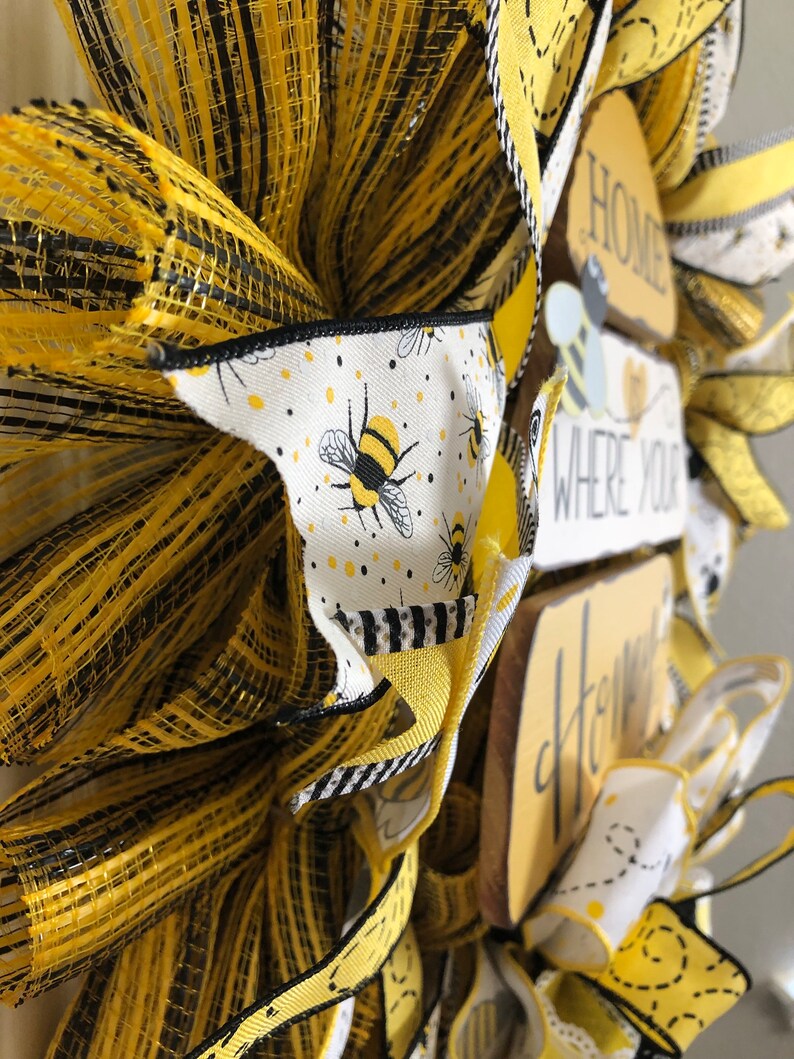 Bee-themed Wreath, Home Decor, Yellow and Black Ribbon Wreath, Handmade ...