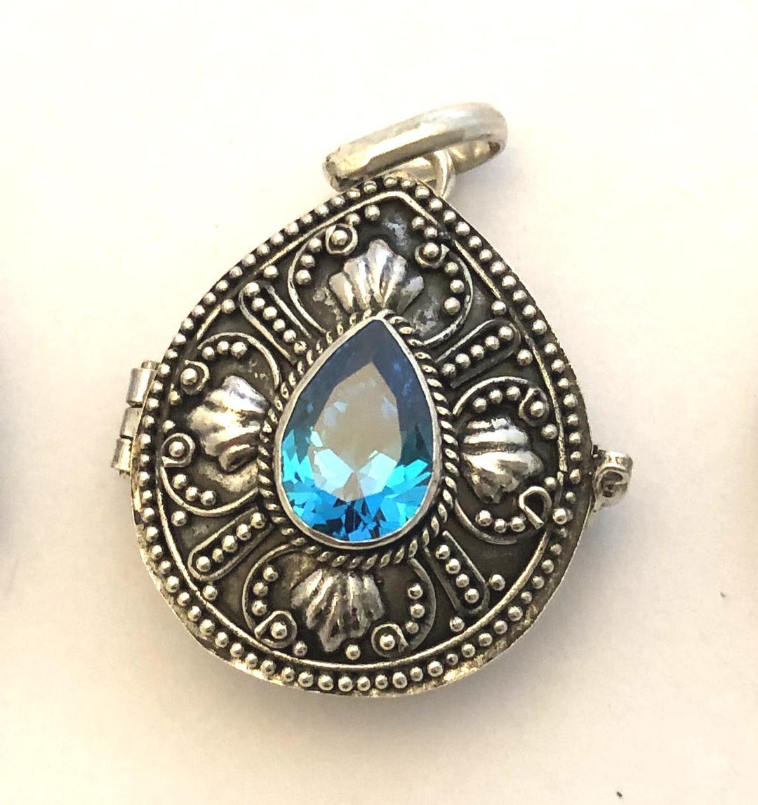 Blue Zircon December Birthstone Tear Drop Locket Pendant Bali Sterling ...