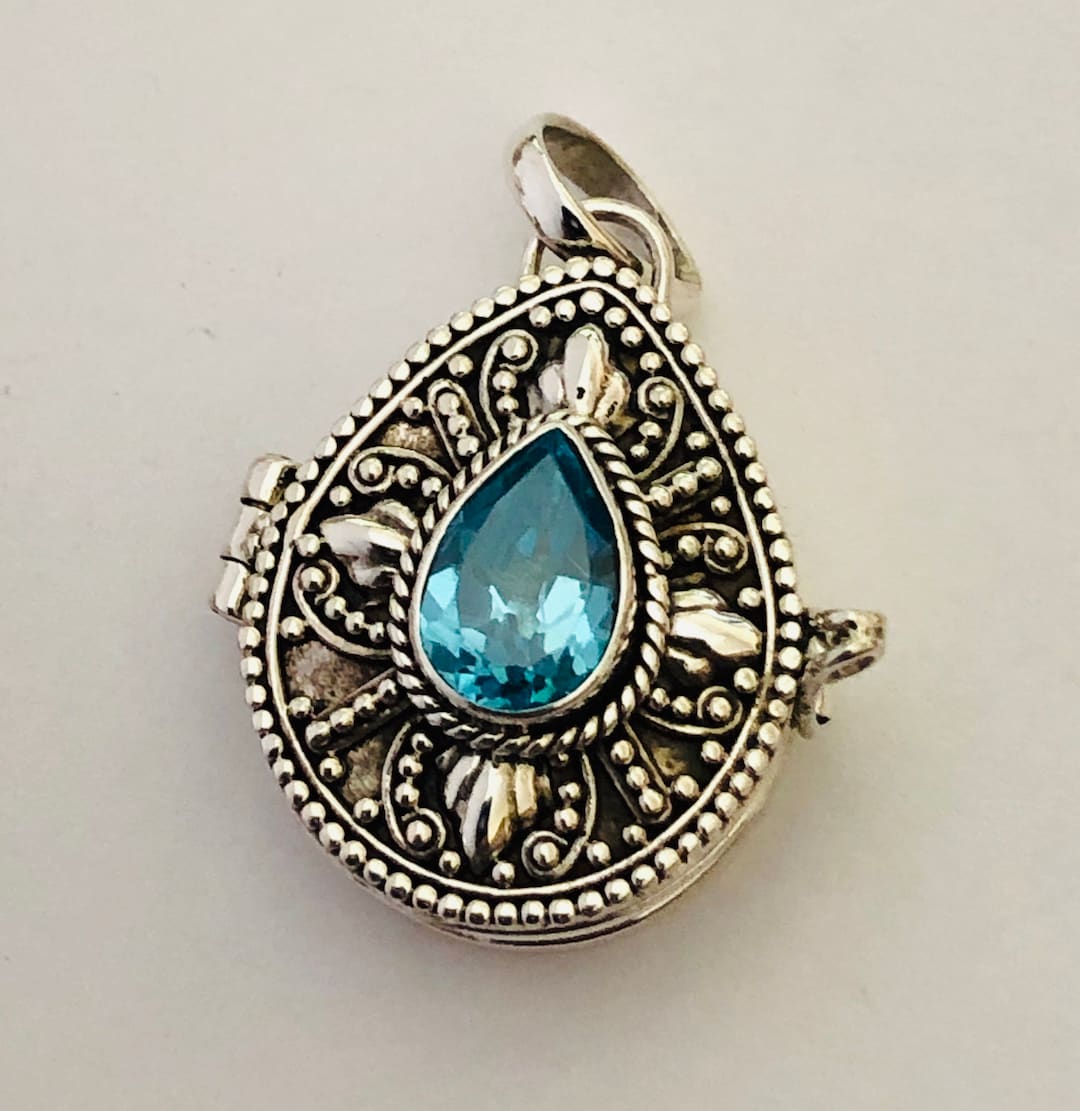 17mm Blue Zircon December Birthstone Teardrop Locket Pendant Bali ...