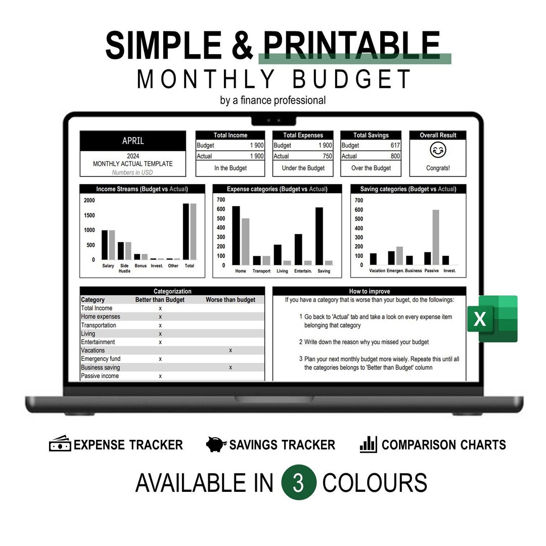 Simple Monthly Budget Excel, Printable Monthly Budget, Expense Tracker ...