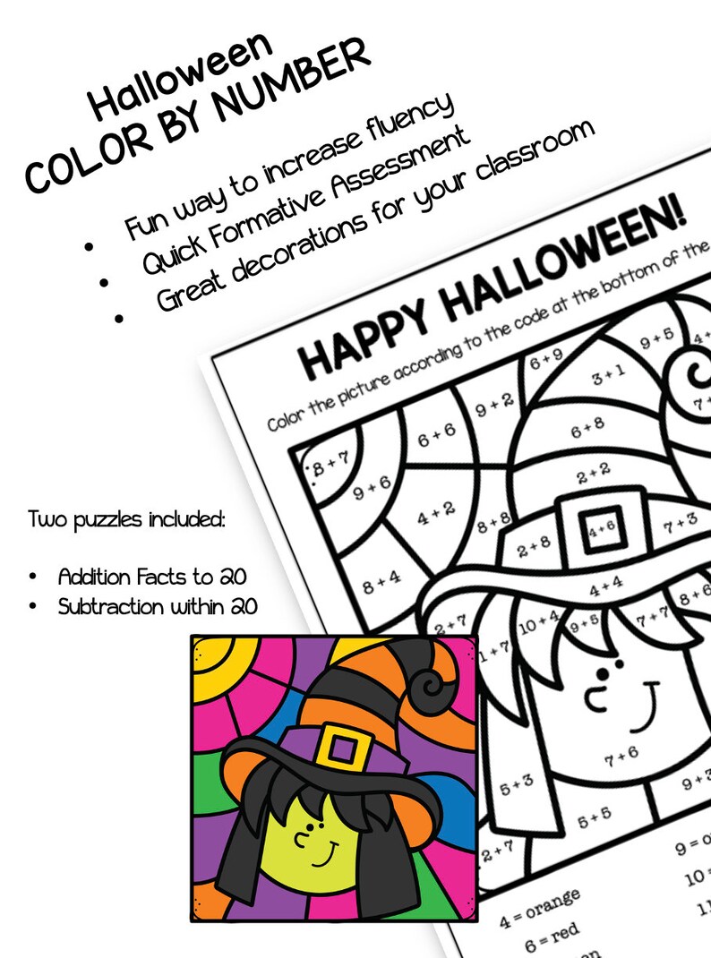 Halloween Addition and Subtraction Color by Number - Etsy