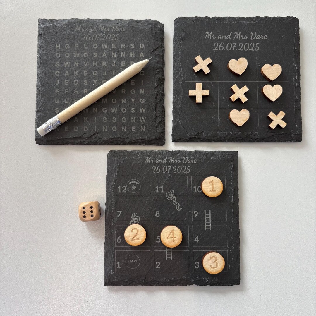Personalised Slate Game Coasters | Wedding Table Favors | Tic Tac Toe ...