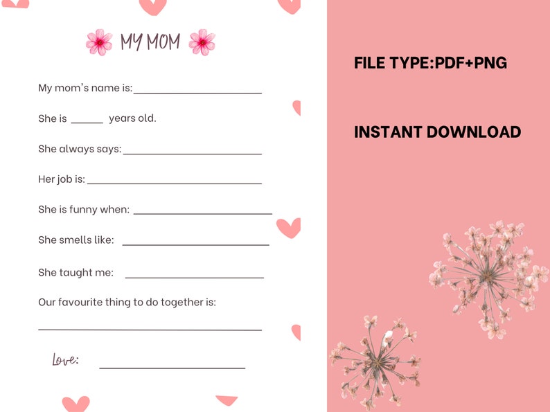 All About My Mom Coloring in Page, Activity Page,mother's Day Printable ...