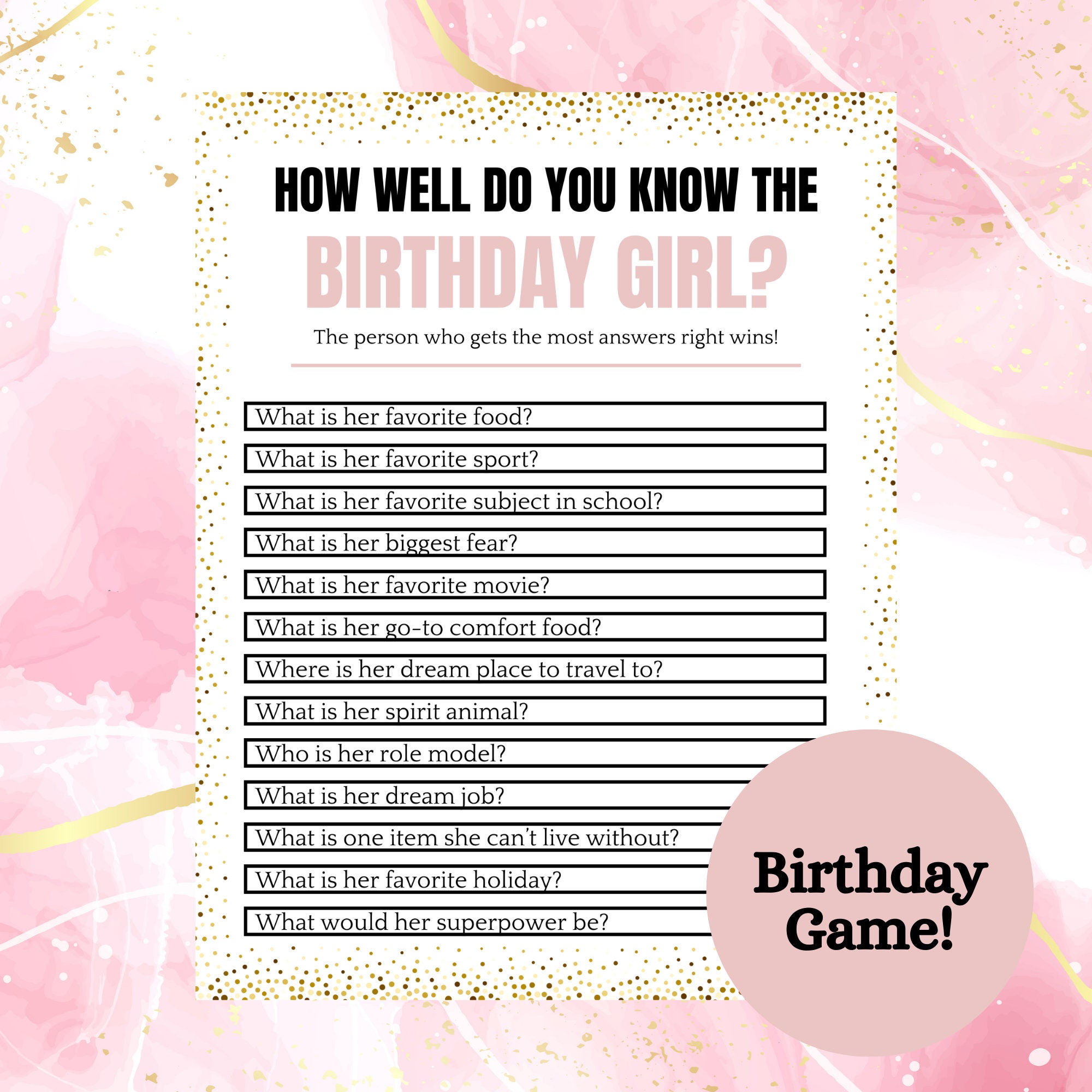 Birthday Girl Trivia Game: Fun Party Quiz (printable) - Etsy