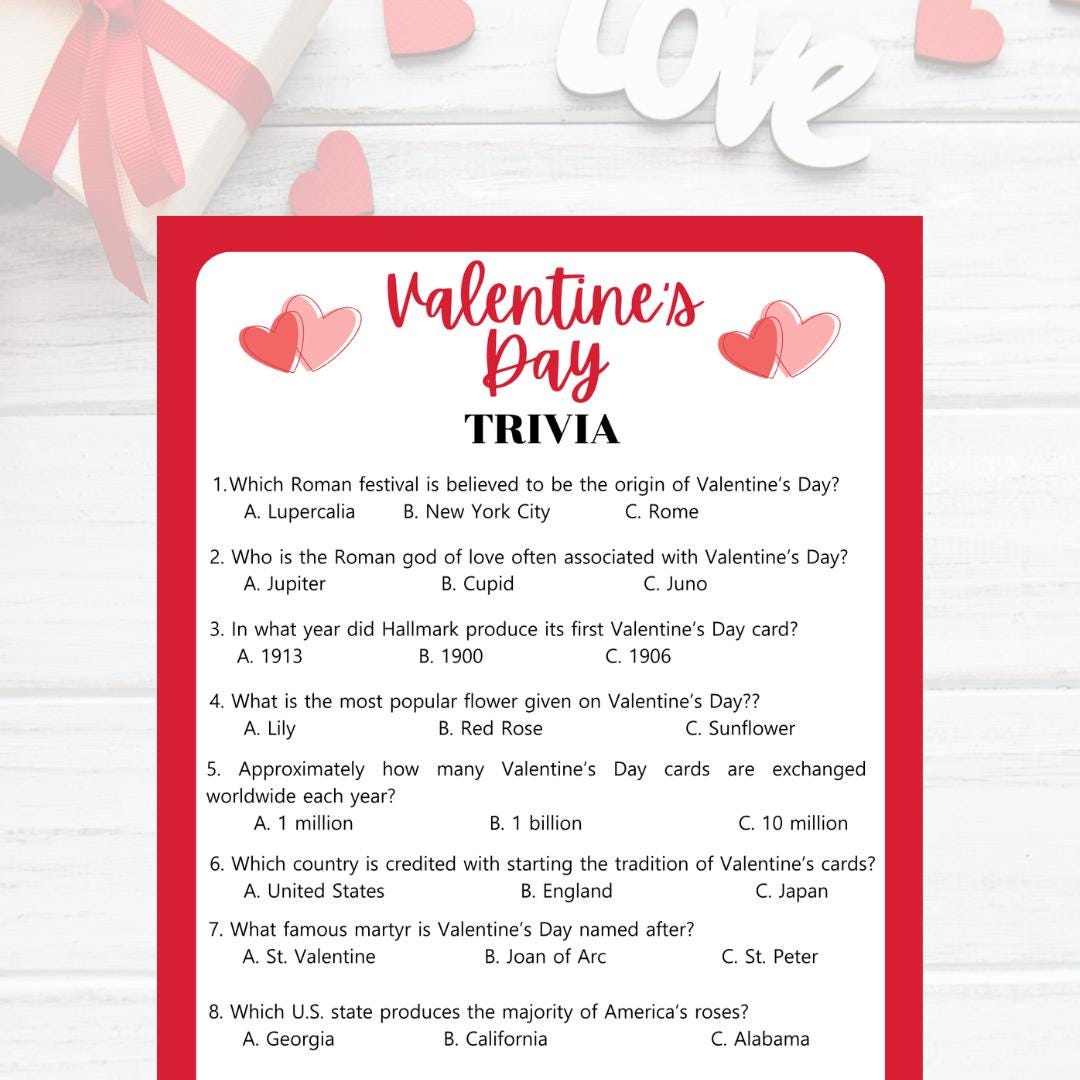 Valentine's Day Trivia Game, Printable Valentines Day Trivia ...
