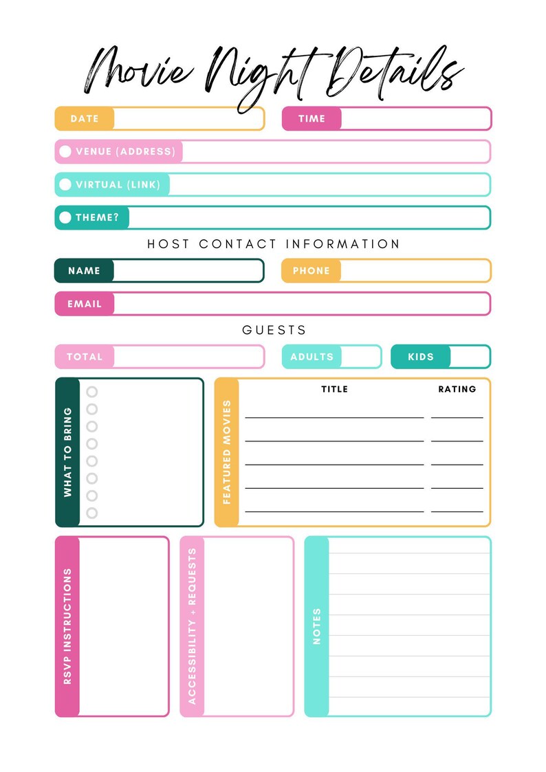 Movie Night Planner: Printable Movie Tracker & Snack List (digital ...