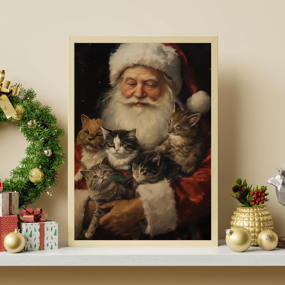 Vintage Santa With Cats Printable, Christmas Santa Art, Rustic Holiday ...
