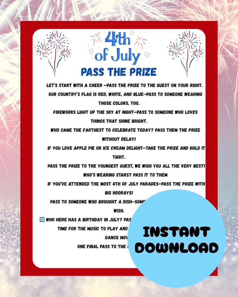 Fourth of July Pass the Prize Game: Patriotic Printable Party Activity ...